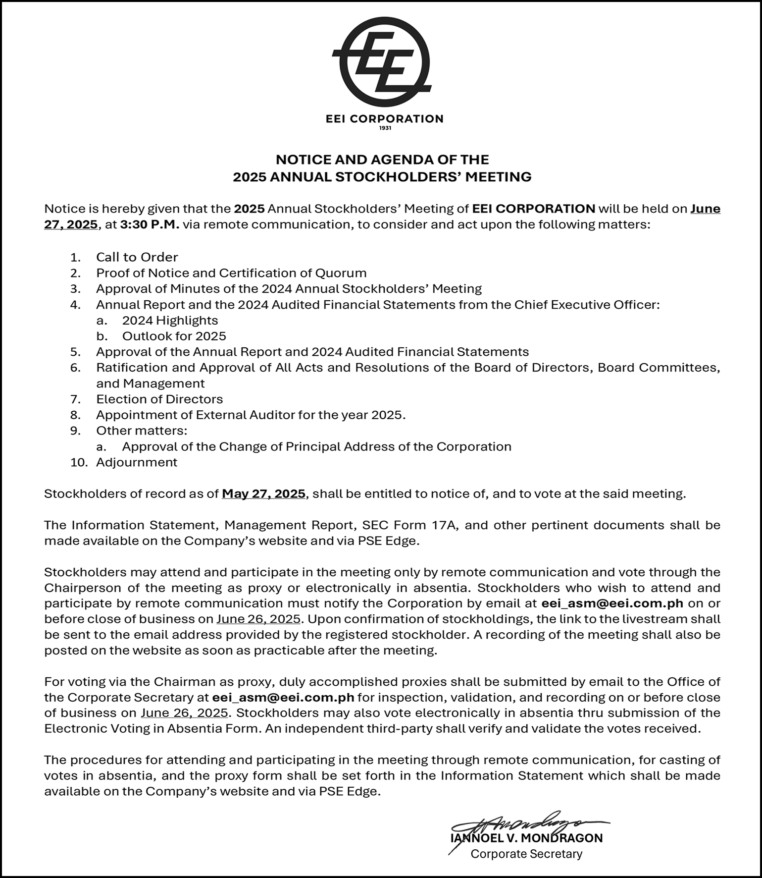 EEI Corporation Notice Of Annual Meeting Of Stockholders | OneNews.PH