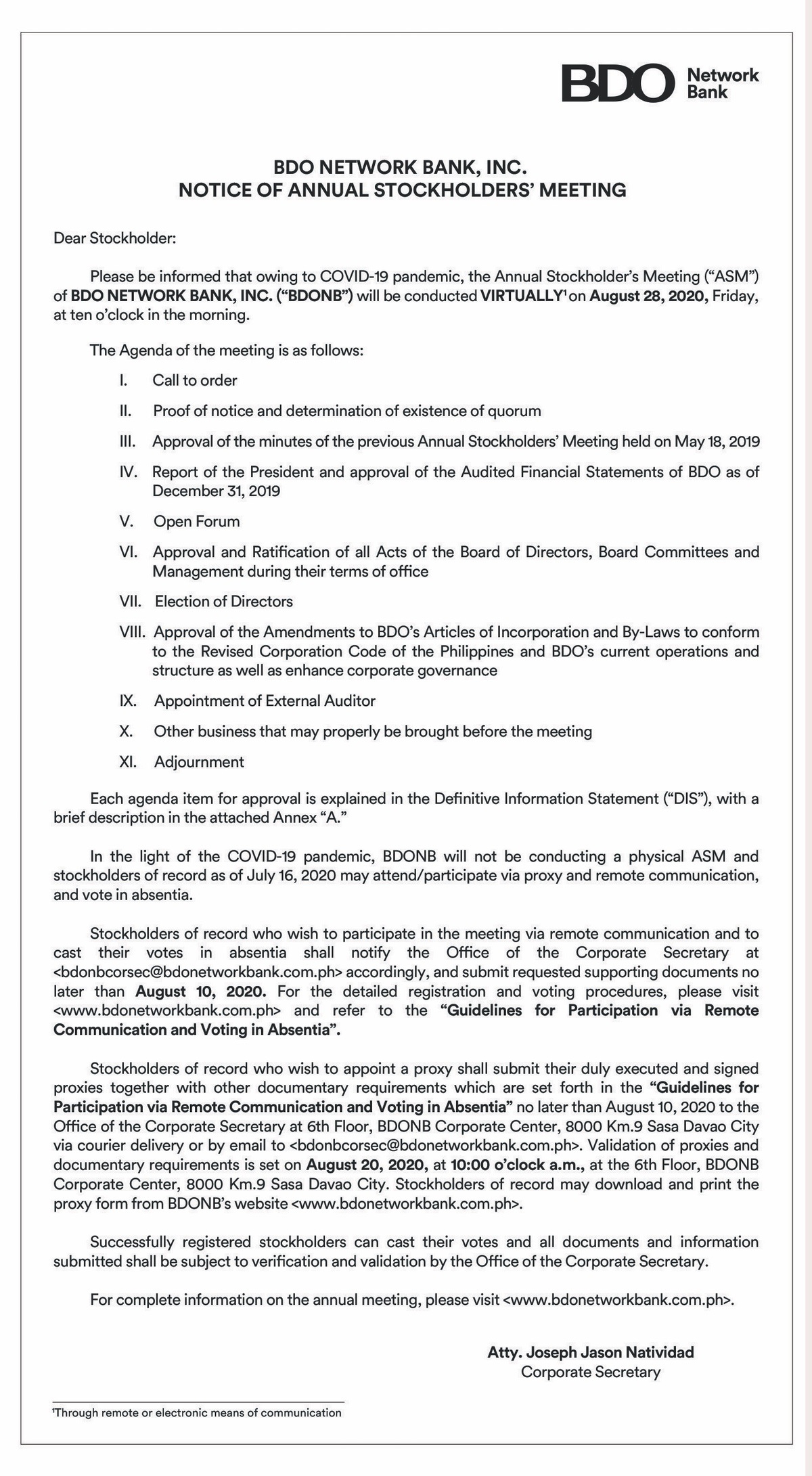 BDO Network Bank, Inc. Notice Of Annual Stockholders' Meeting | OneNews.PH