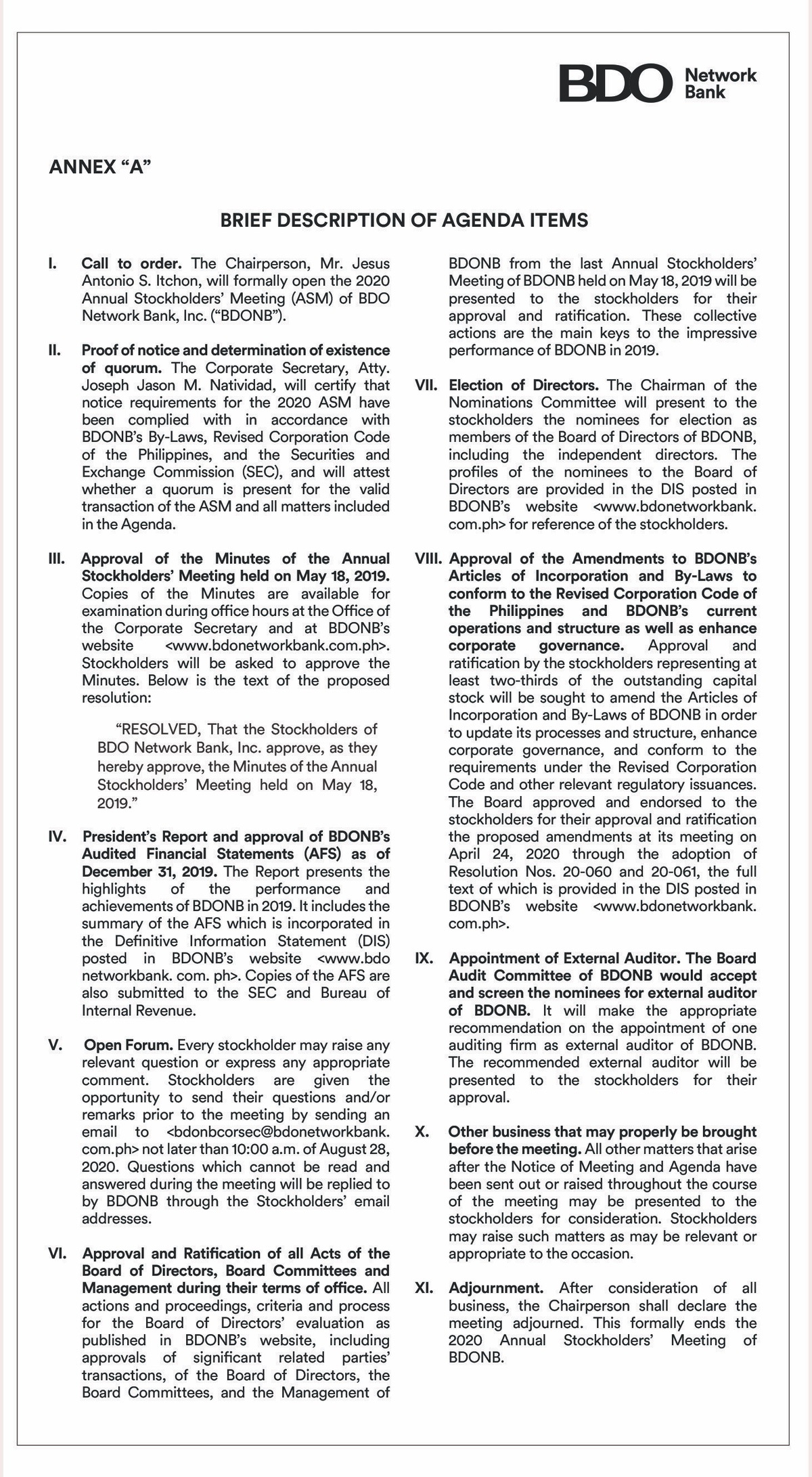 BDO Network Bank, Inc. Notice Of Annual Stockholders' Meeting | OneNews.PH