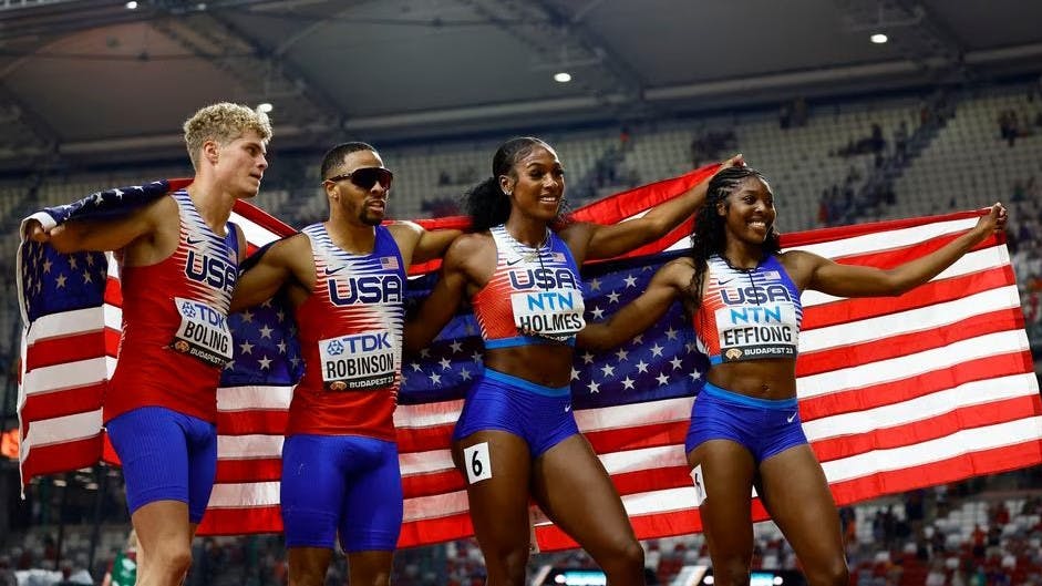 USA wins dramatic mixed relay gold, notches world record as Netherlands ...